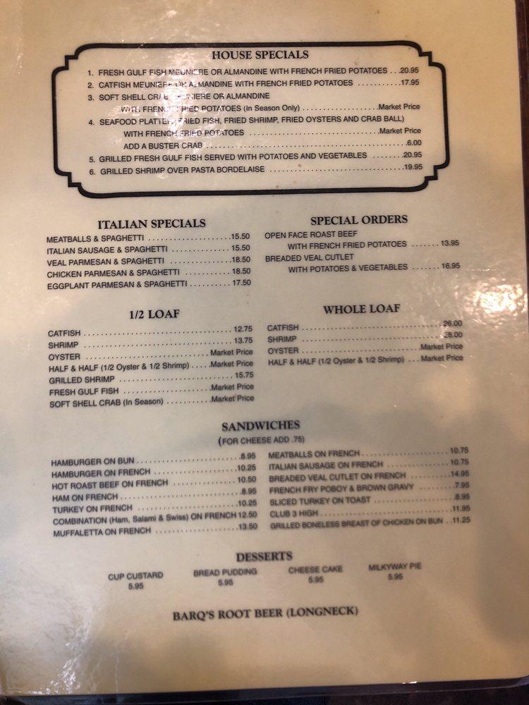 Menu at Mandina's Restaurant, New Orleans