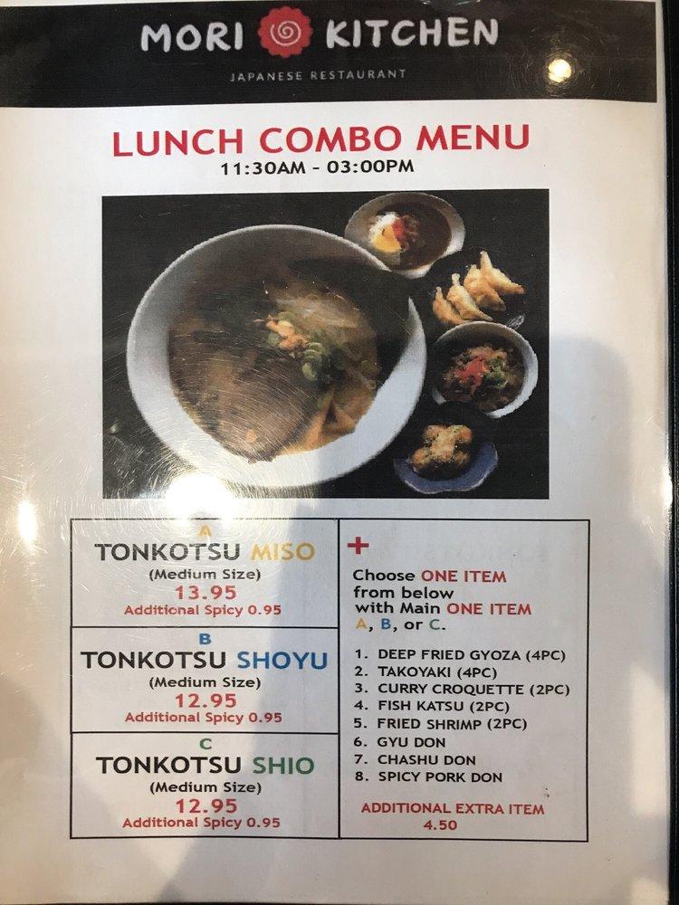 Menu at Mori Kitchen restaurant, San Jose