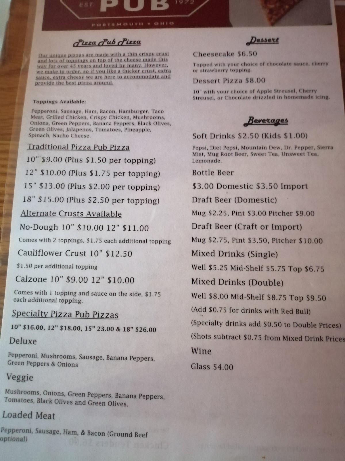Menu at Pizza Pub, Portsmouth, Scioto Trail