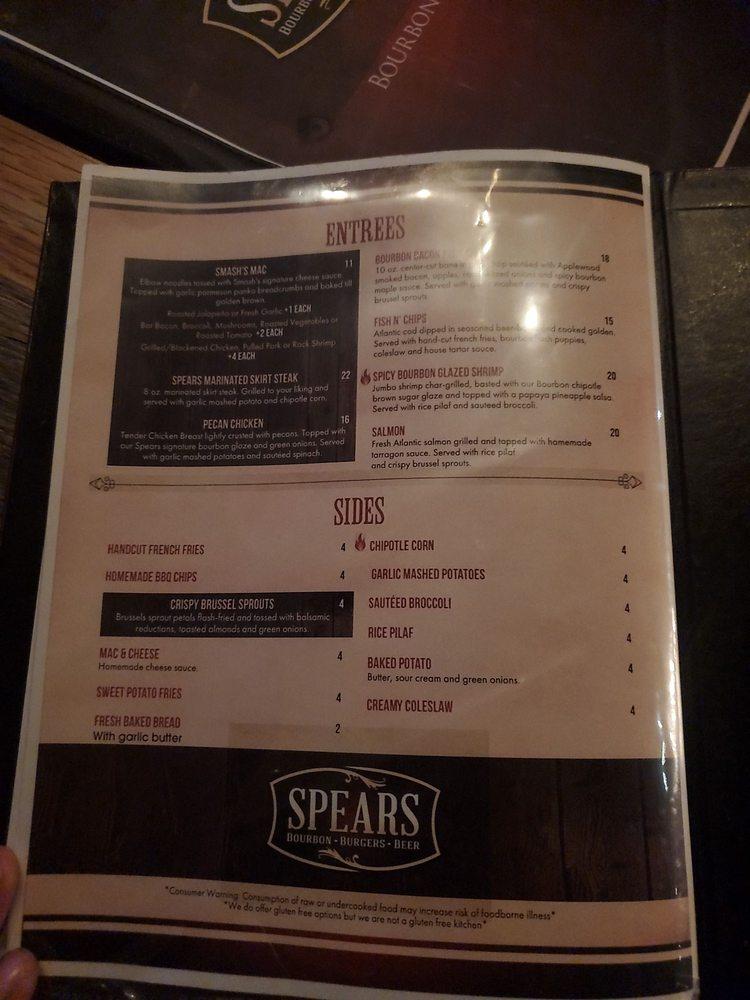 Menu at Spears Bourbon Burgers Beer pub & bar, Wheeling