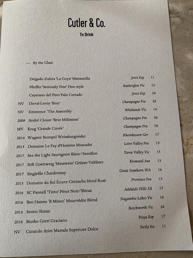 Menu at Cutler & Co. restaurant, Fitzroy