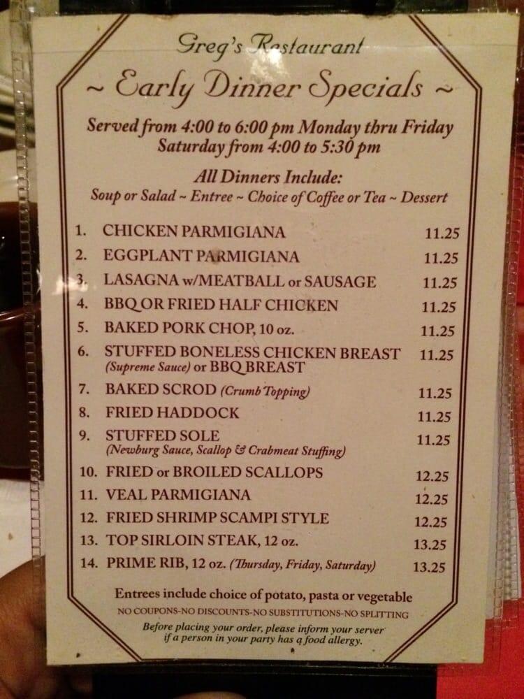 Menu at Greg's Restaurant, Watertown