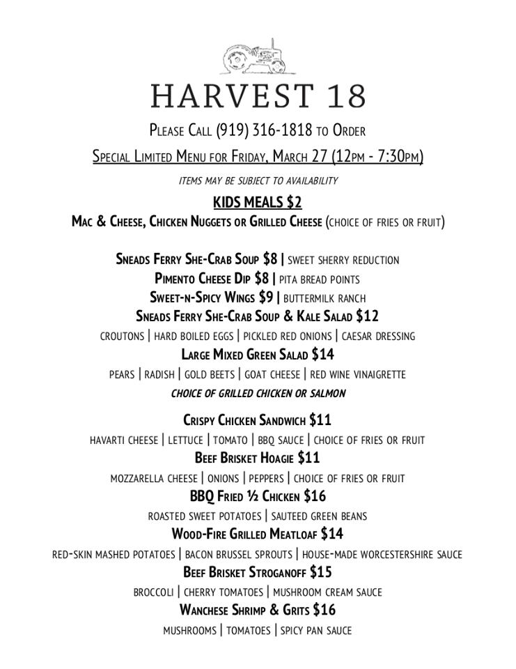 Menu at Harvest 18 Restaurant, Durham