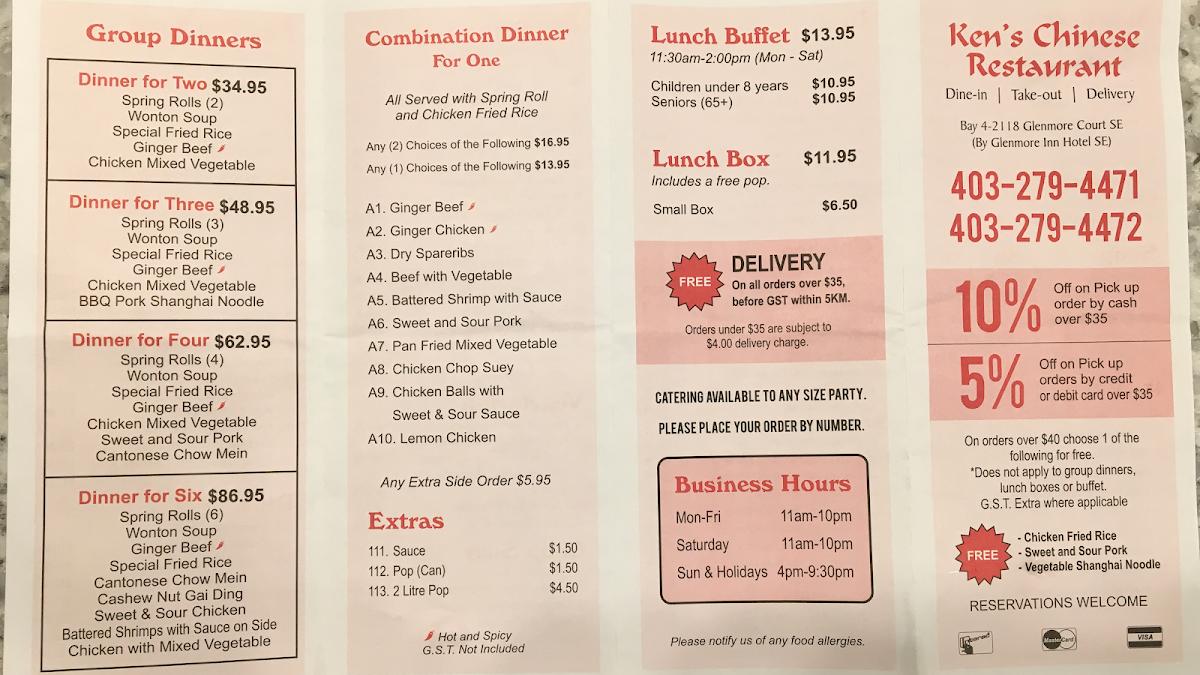 Menu at Ken's Kowloon Kitchen restaurant, Calgary