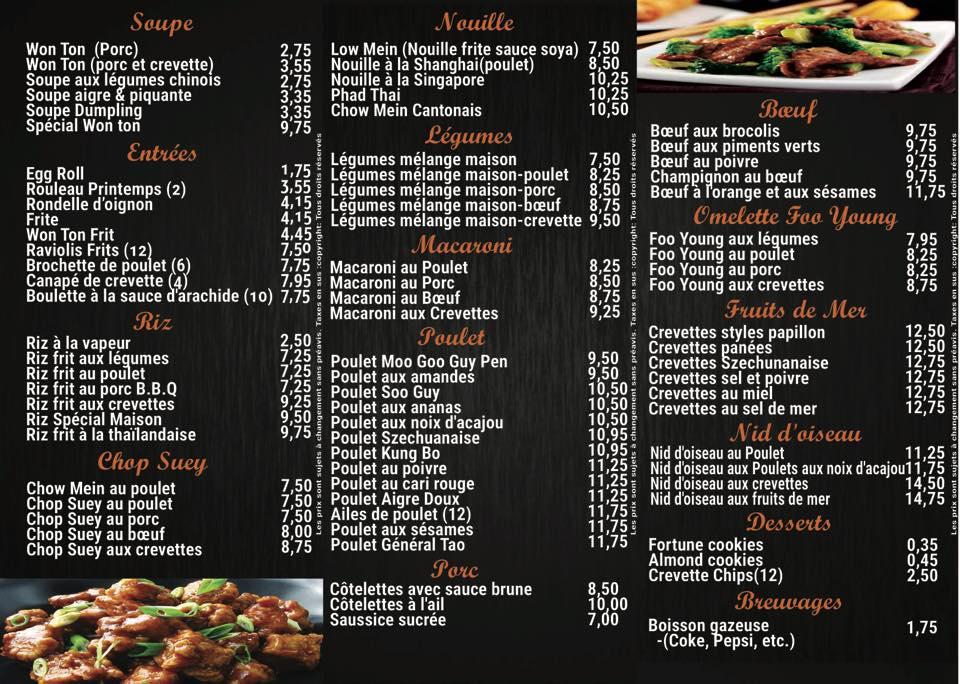 Menu au Le Pin D'Asie restaurant, Saint-Hyacinthe