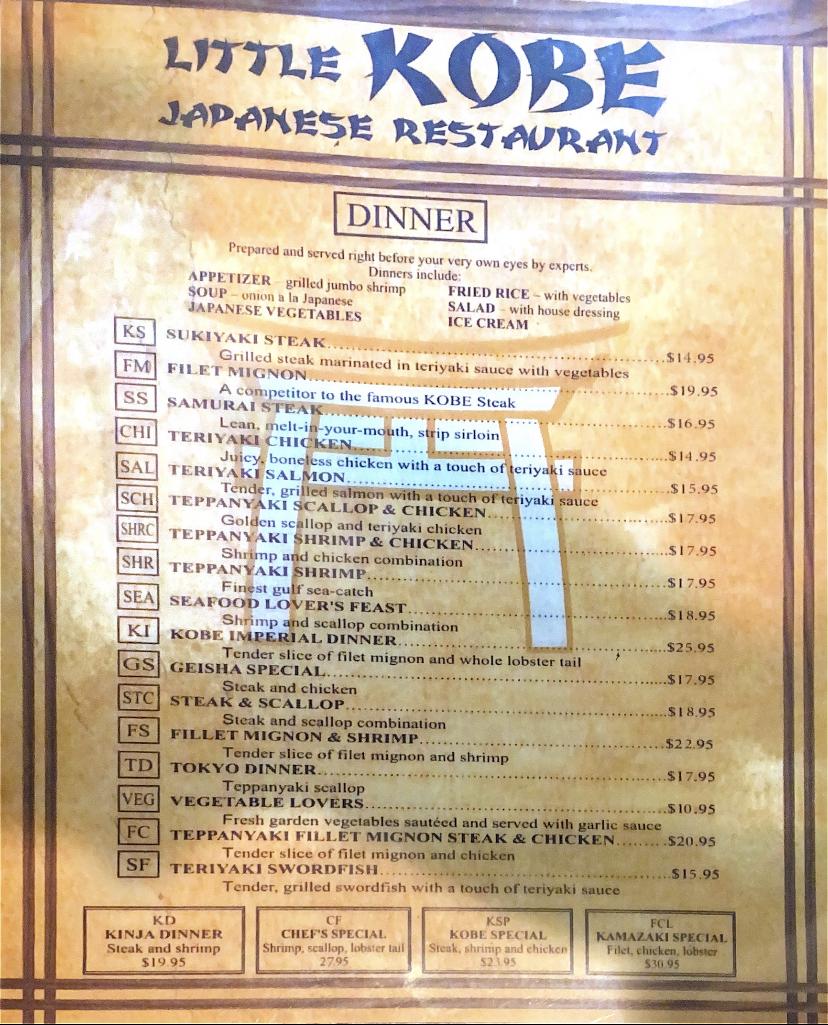 Menu at Little Kobe restaurant, Cookeville