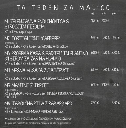 Menu at Malca Mimogrede restaurant, Maribor