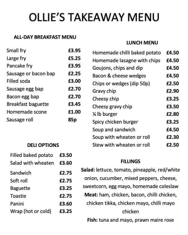 Menu at Ollie's cafe, Carrickfergus