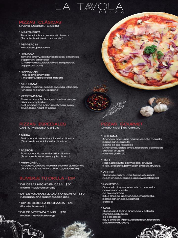 Menu at Pizzeria LA TAVOLA, Cabo San Lucas