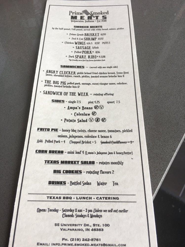 Menu at Prime Smoked Meats BBQ, Valparaiso