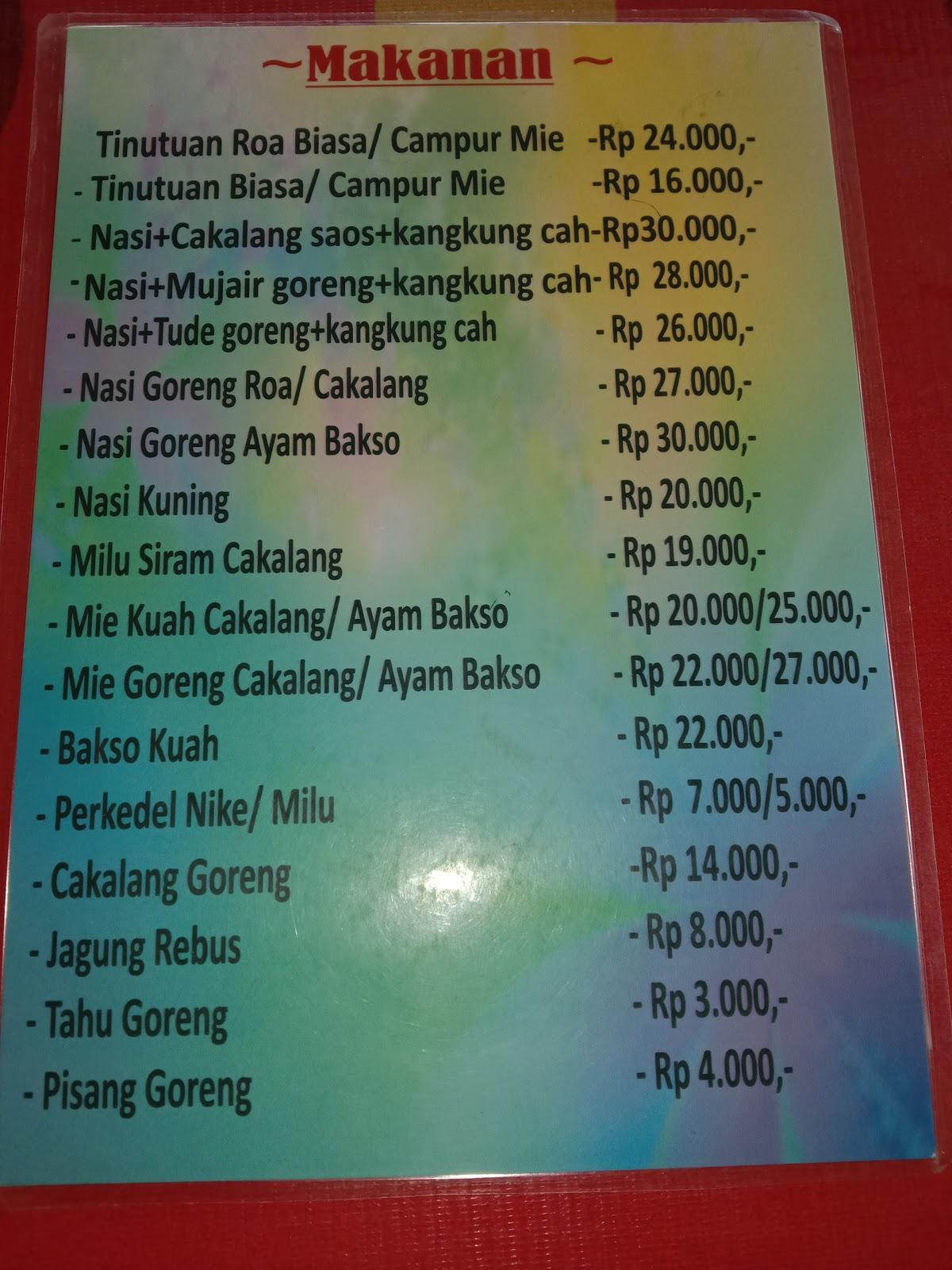 Menu at RM. Wakeke Tinutuan restaurant, Manado