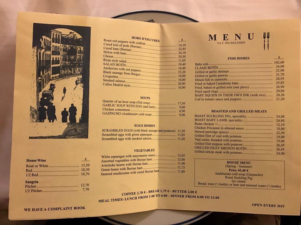 Menu at Sobrino de Botín steakhouse, Madrid, C. de Cuchilleros