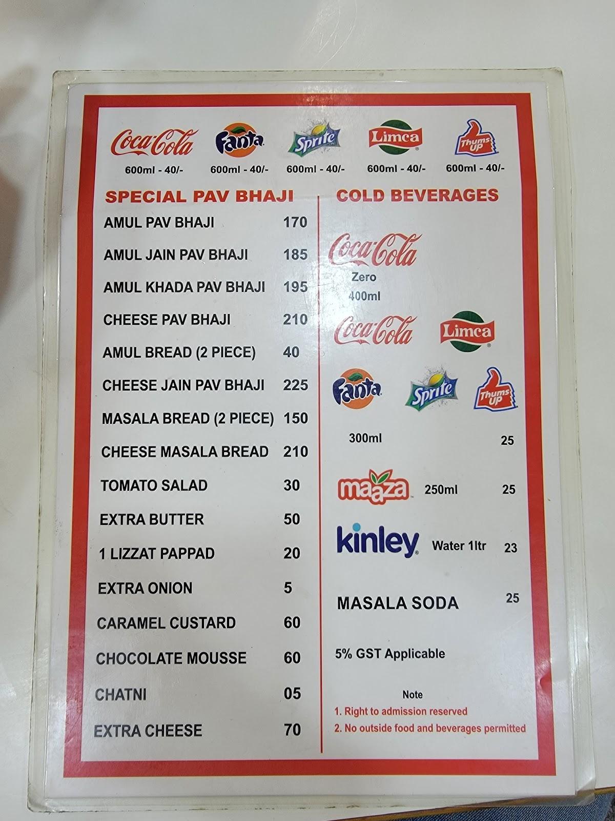 Menu at Sardar Pav Bhaji, Mumbai