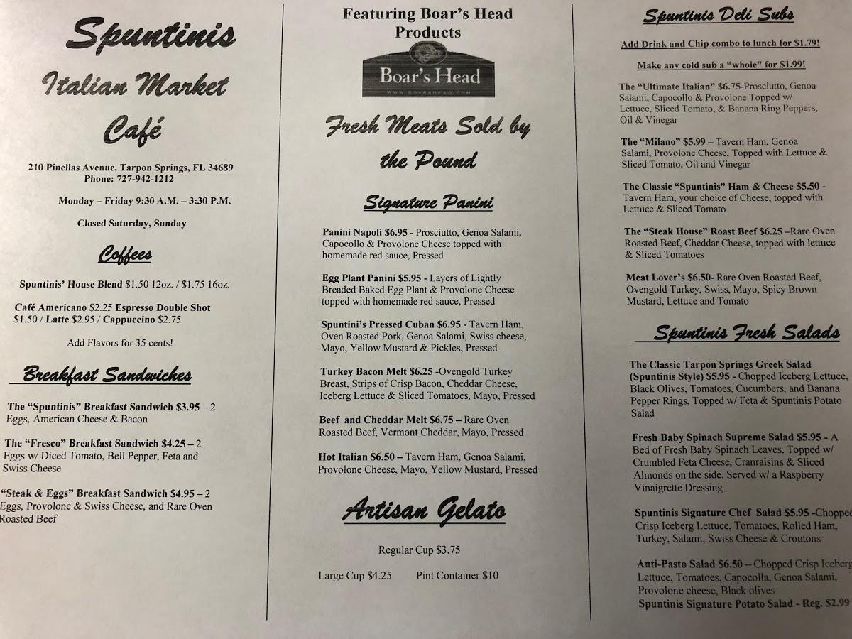 Menu at Spuntini's Italian Market Cafe, Tarpon Springs