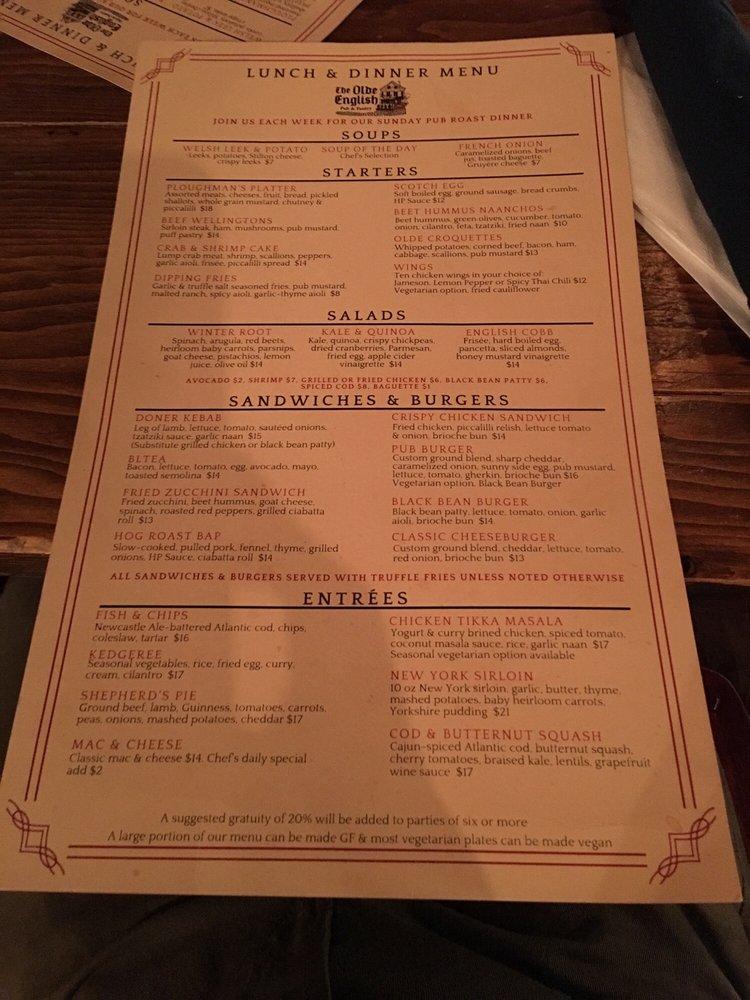 Menu at The Olde English Pub and Pantry, Albany