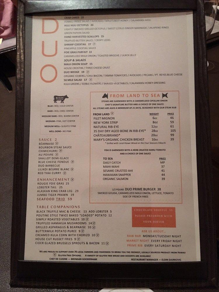 Menu at DUO Steak & Seafood steakhouse, Wailea-Makena