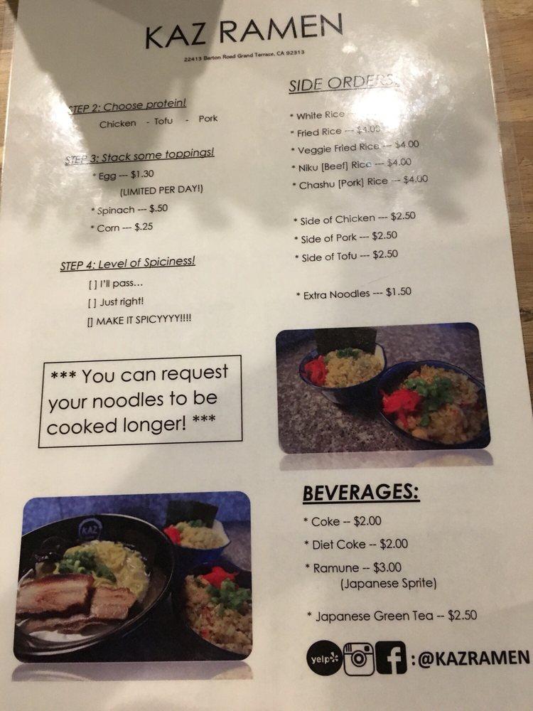Menu at Kaz Ramen restaurant, Grand Terrace