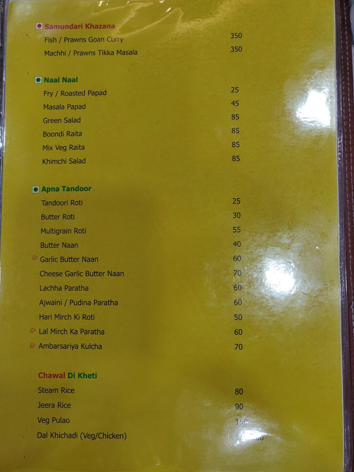 Menu at Mast Punjabi, Navi Mumbai
