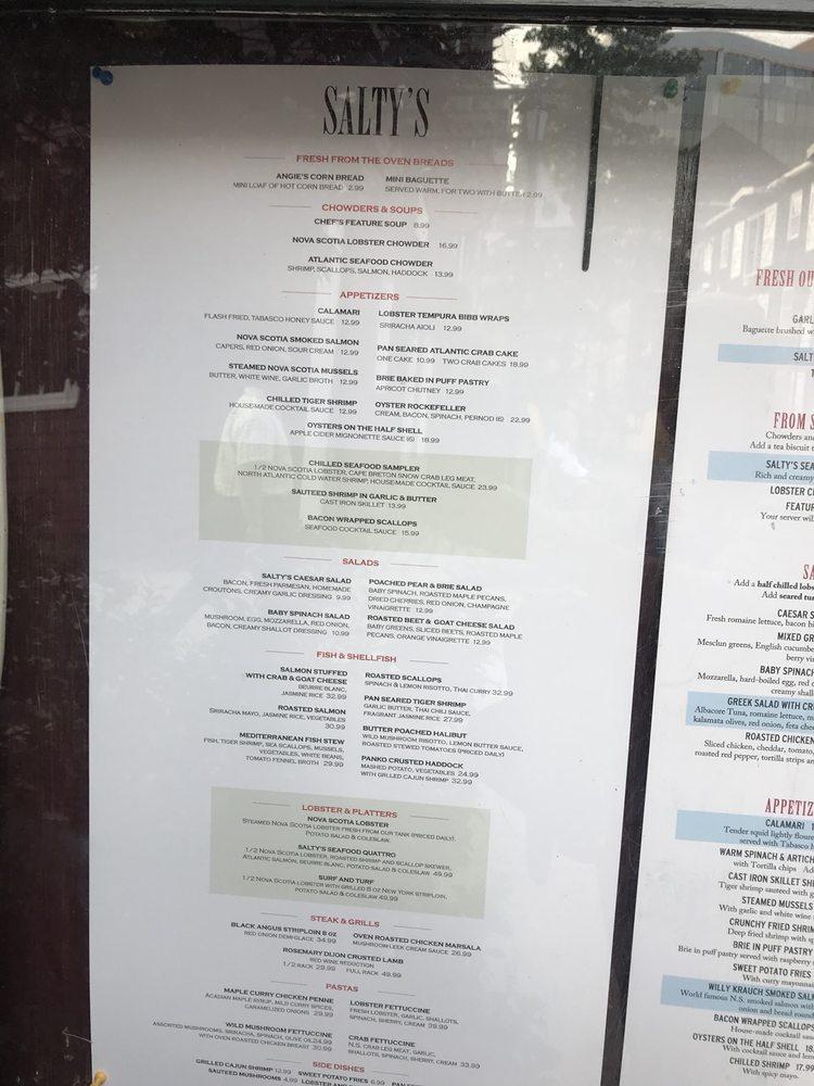 Menu at Salty's restaurant, Halifax