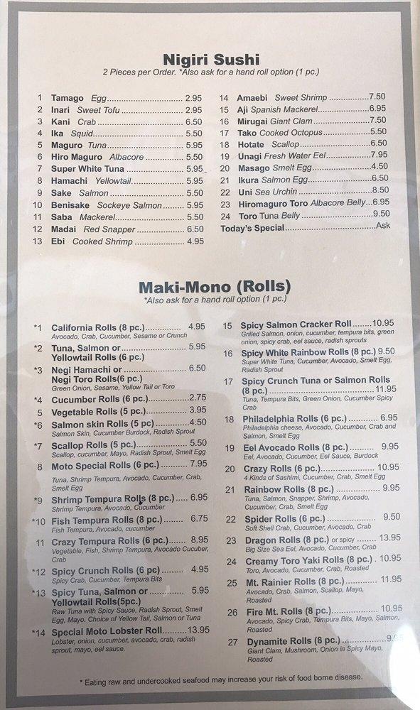 Menu at Sushi Moto Japanese Restaurant, Edmonds