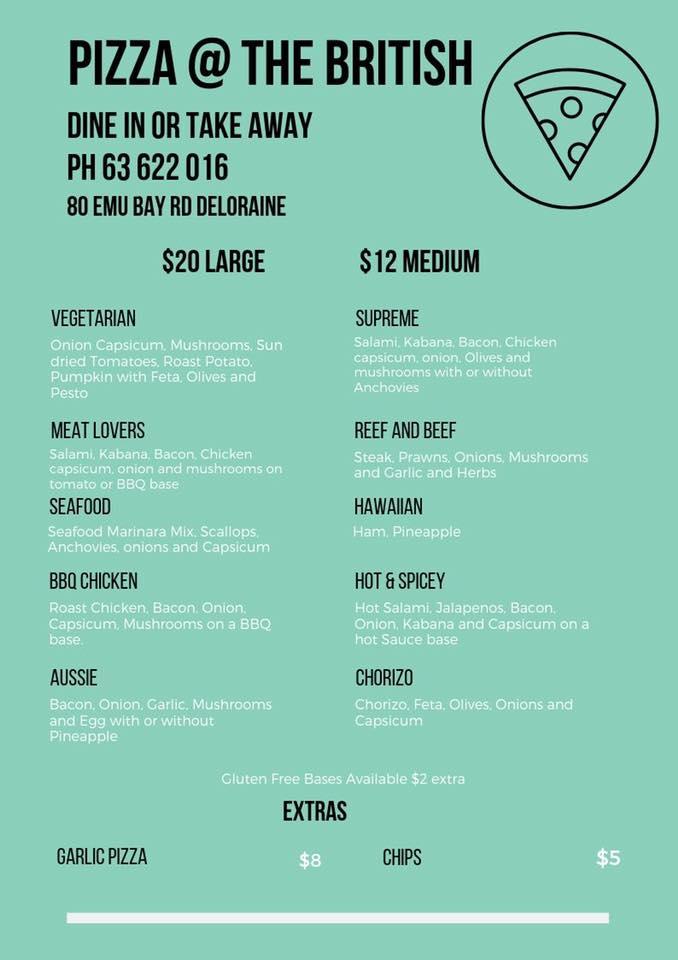 Menu at The British Hotel pub & bar, Deloraine