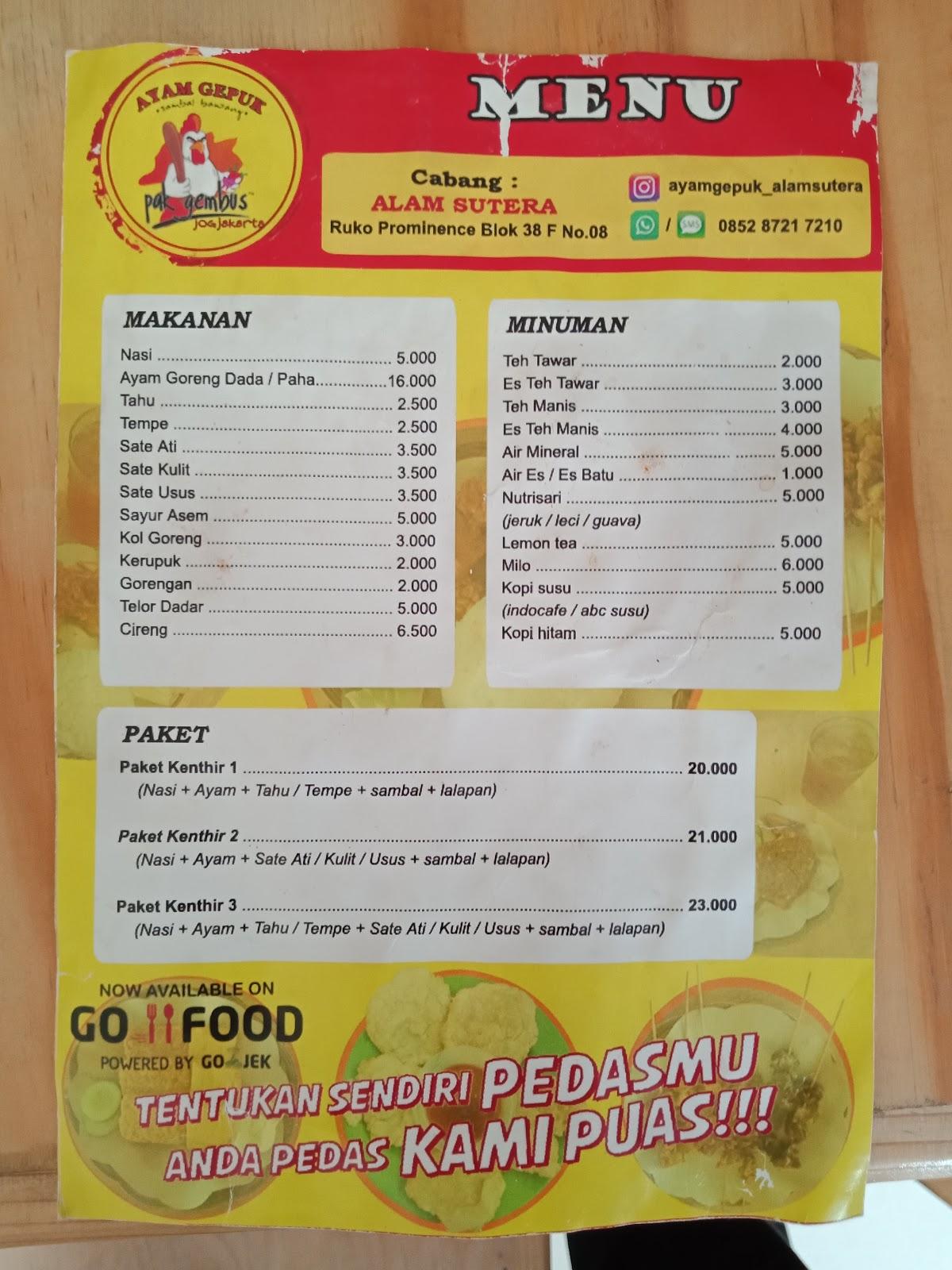 Menu at Ayam Gepuk Pak Gembus Alam sutera restaurant, Tangerang