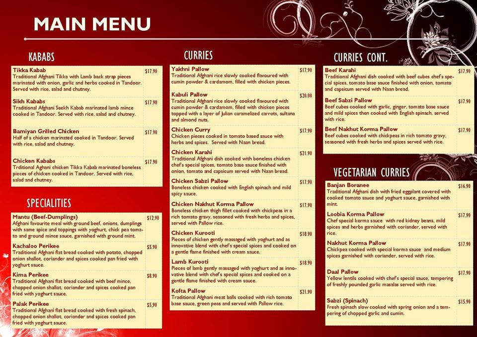 Menu at Bamiyan Restaurant, Norman Park