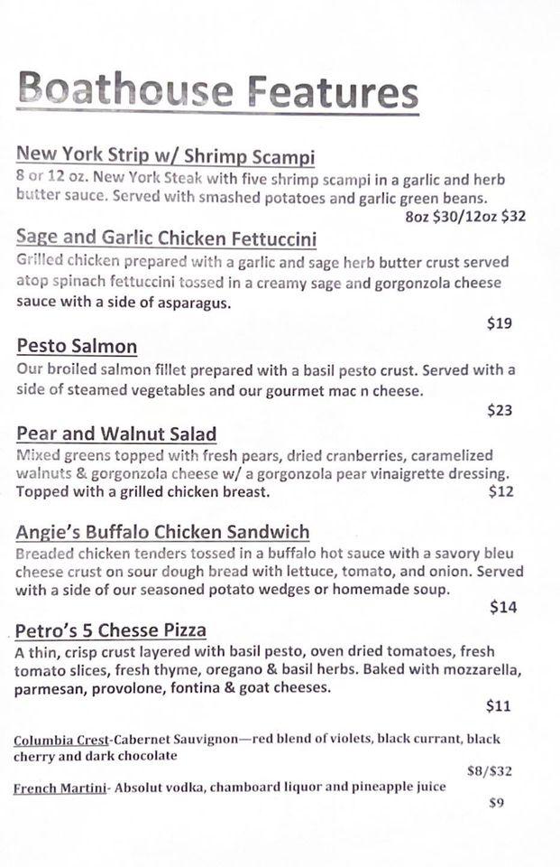 Menu at Boathouse Restaurant, Winona Lake