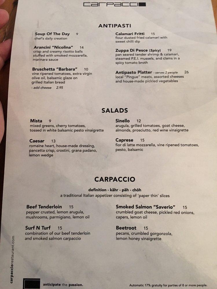 Menu at Carpaccio Restaurant & Wine Bar, Niagara Falls