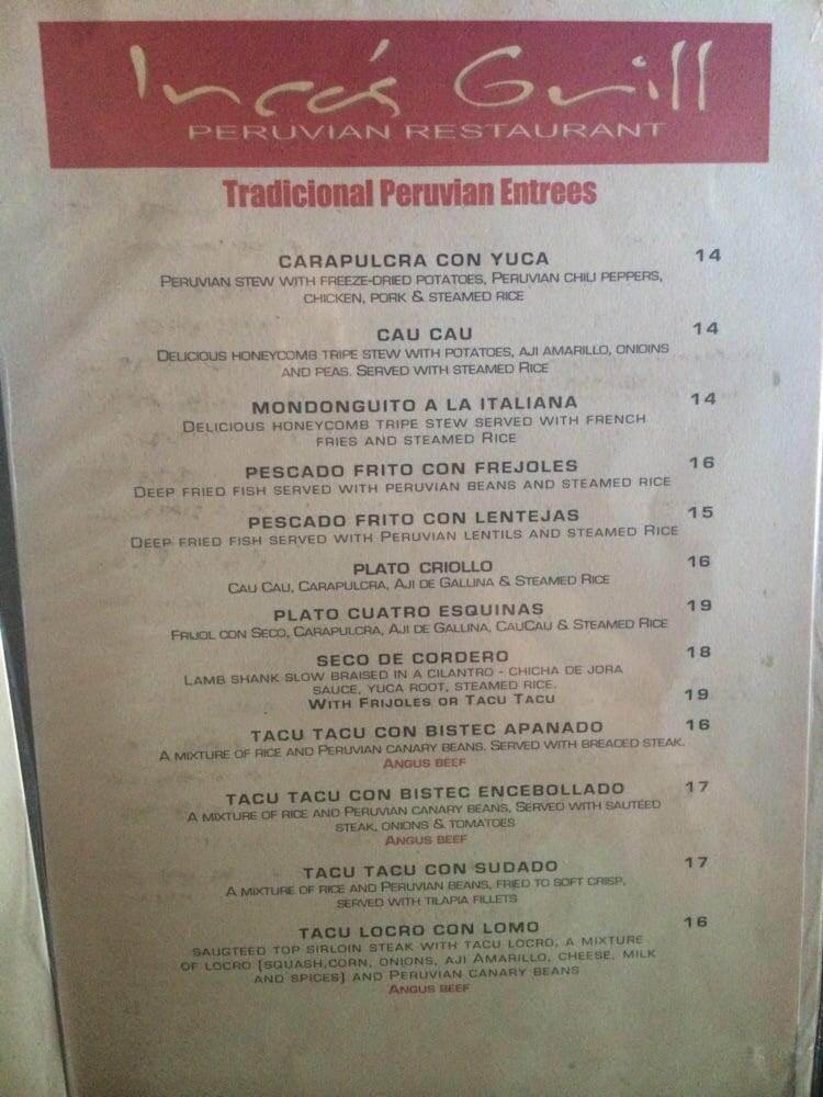Menu at Incas Grill Peruvian Restaurant & Bar, Concord