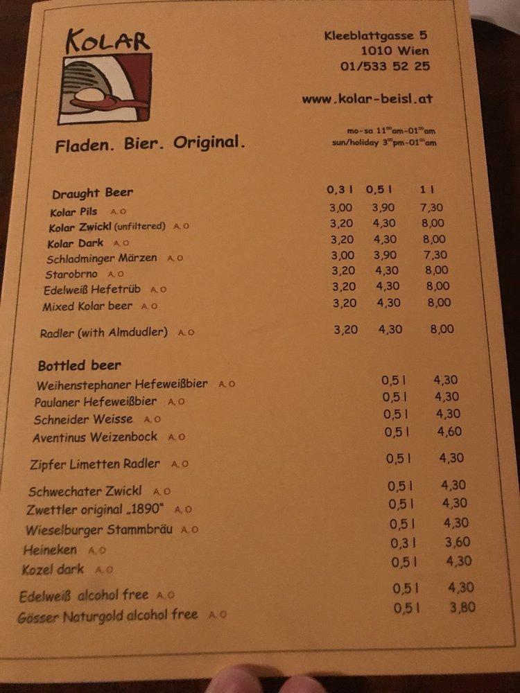 Menu at Kolar Beisl - Kleeblattgasse pub & bar, Vienna, Kleeblattgasse 5