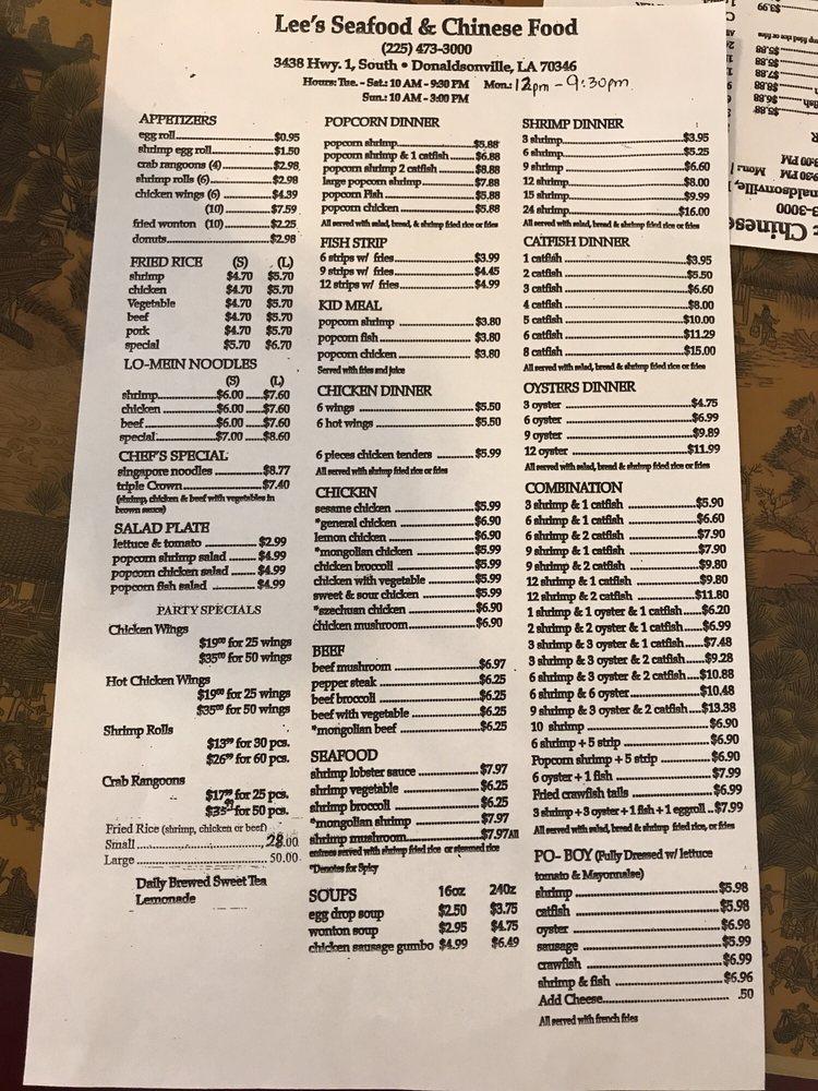 Menu at Lee's Chinese Inn restaurant, Donaldsonville