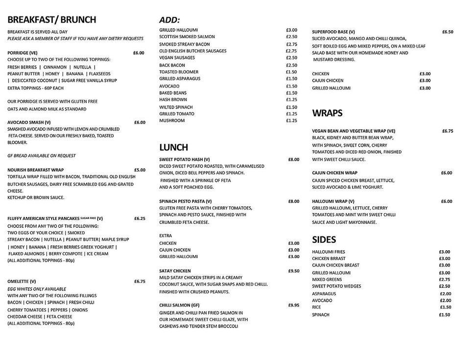 Menu at Nourish cafe, Wilmslow