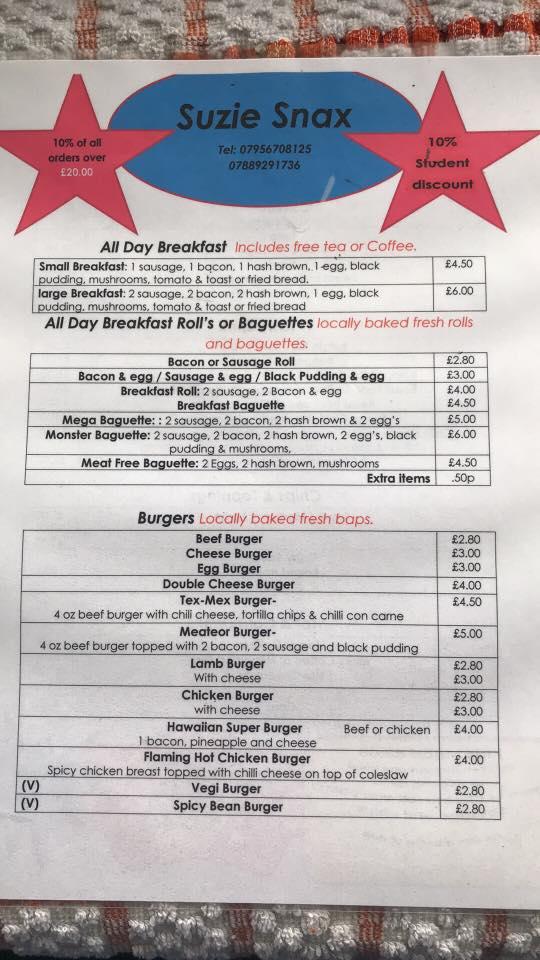 Menu at Suzie Snax restaurant, Lampeter