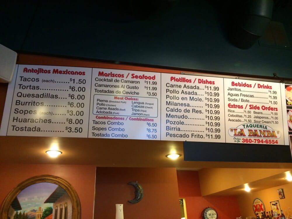 Menu at Taqueria La Bamba restaurant, Monroe, N Kelsey St