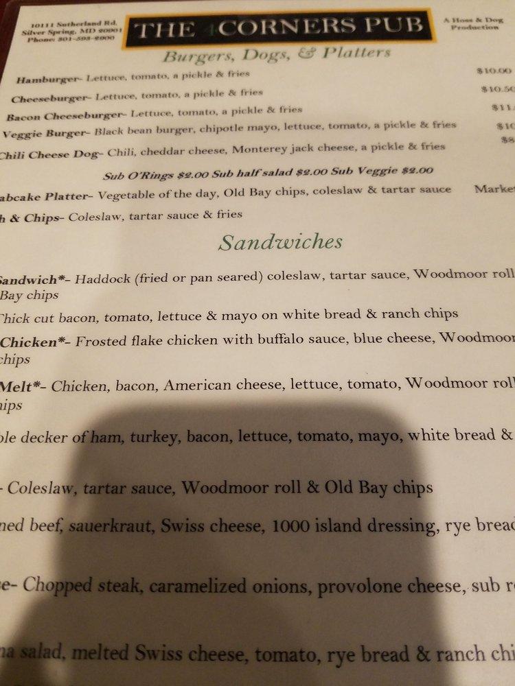 Menu at The 4 Corners Pub, Silver Spring