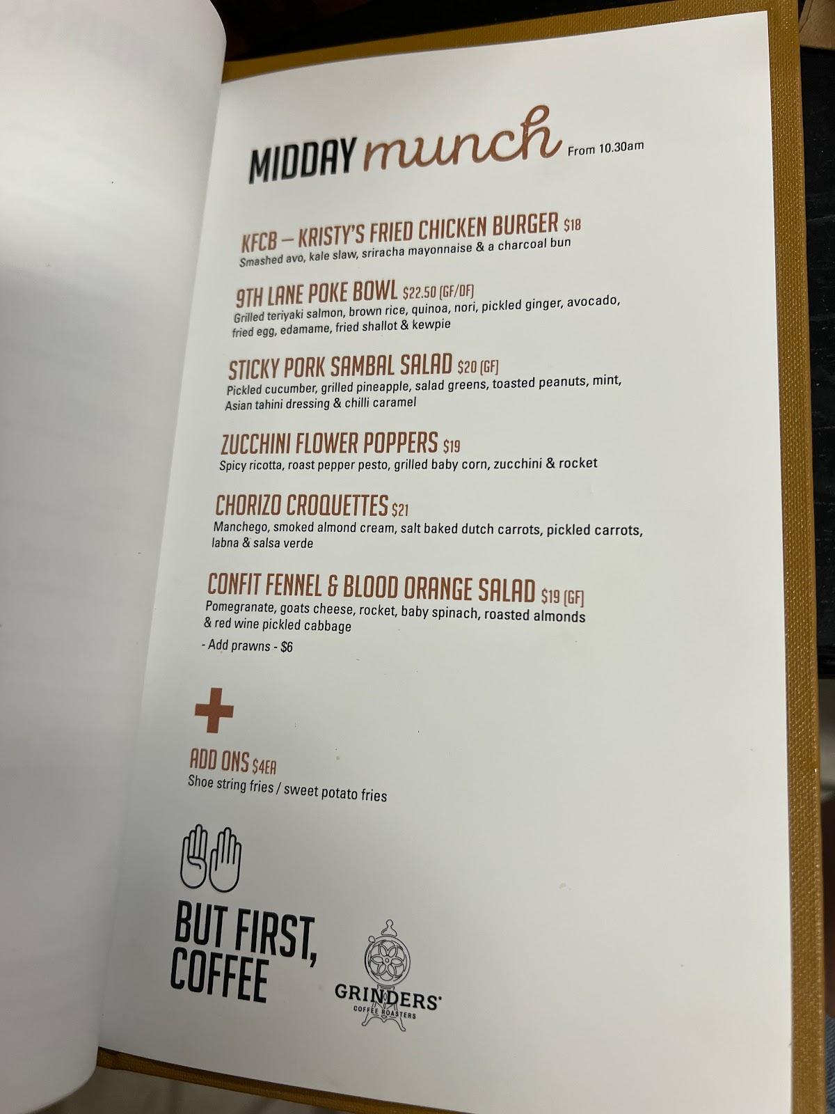 Menu at 9th Lane Grind cafe, Mackay