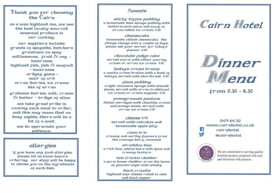 Menu at Cairn Hotel restaurant, Carrbridge