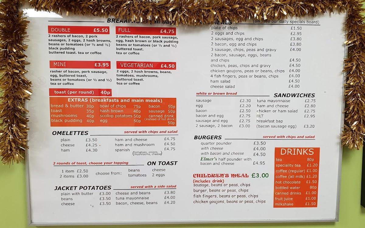 Menu at Elmers Take a Break Cafe, Cardiff