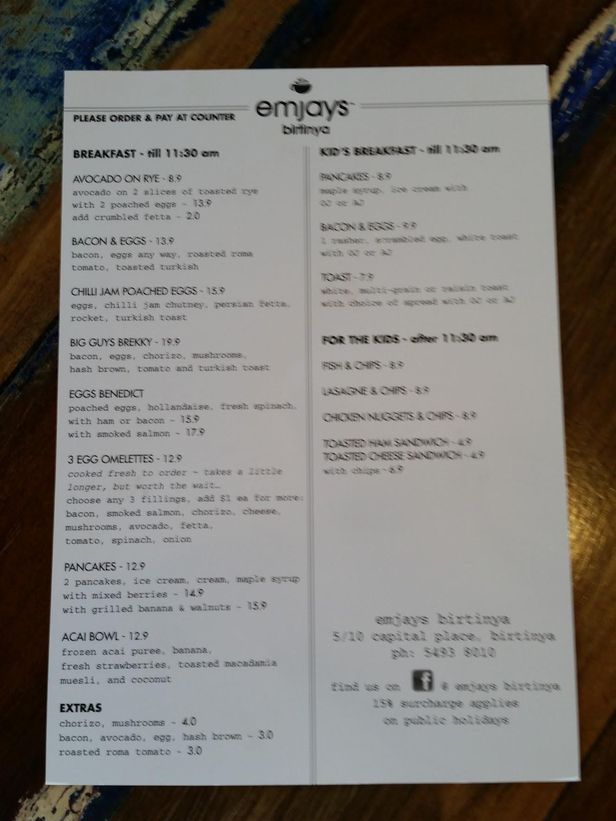 Menu at Emjays Birtinya cafe, Birtinya, Shop 5/10 Capital Pl