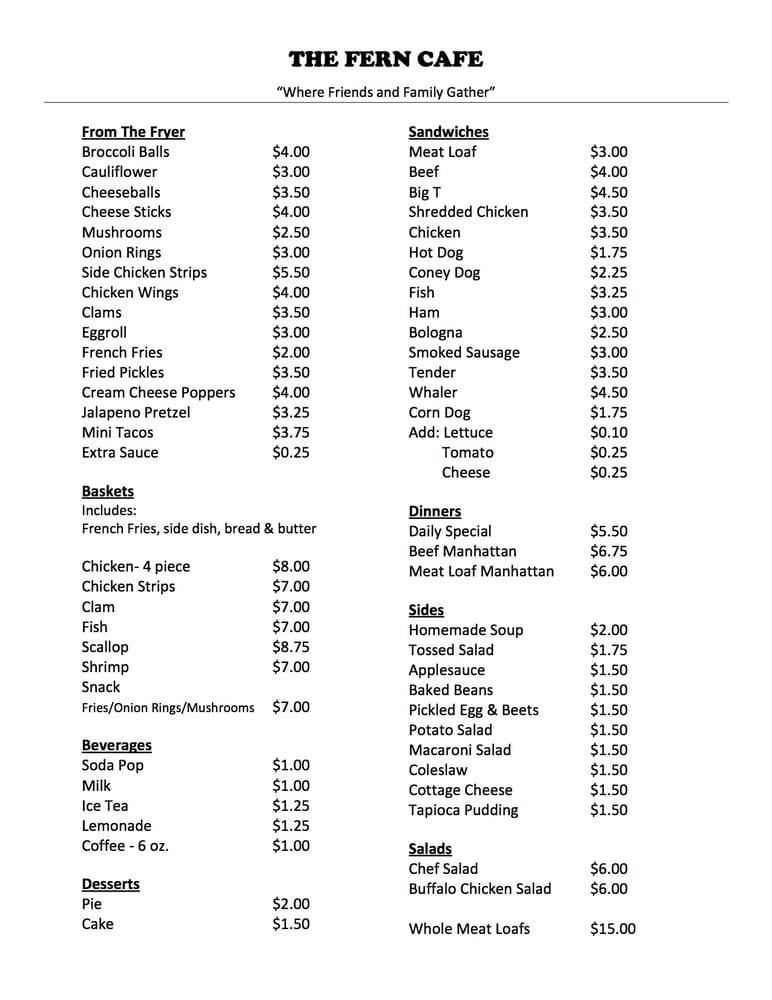 Menu at Fern Cafe, Findlay