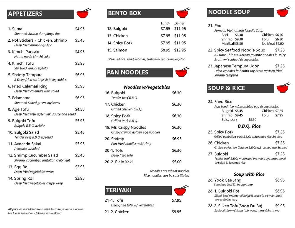 Menu at Mr Noodle & Rice restaurant, Winchester