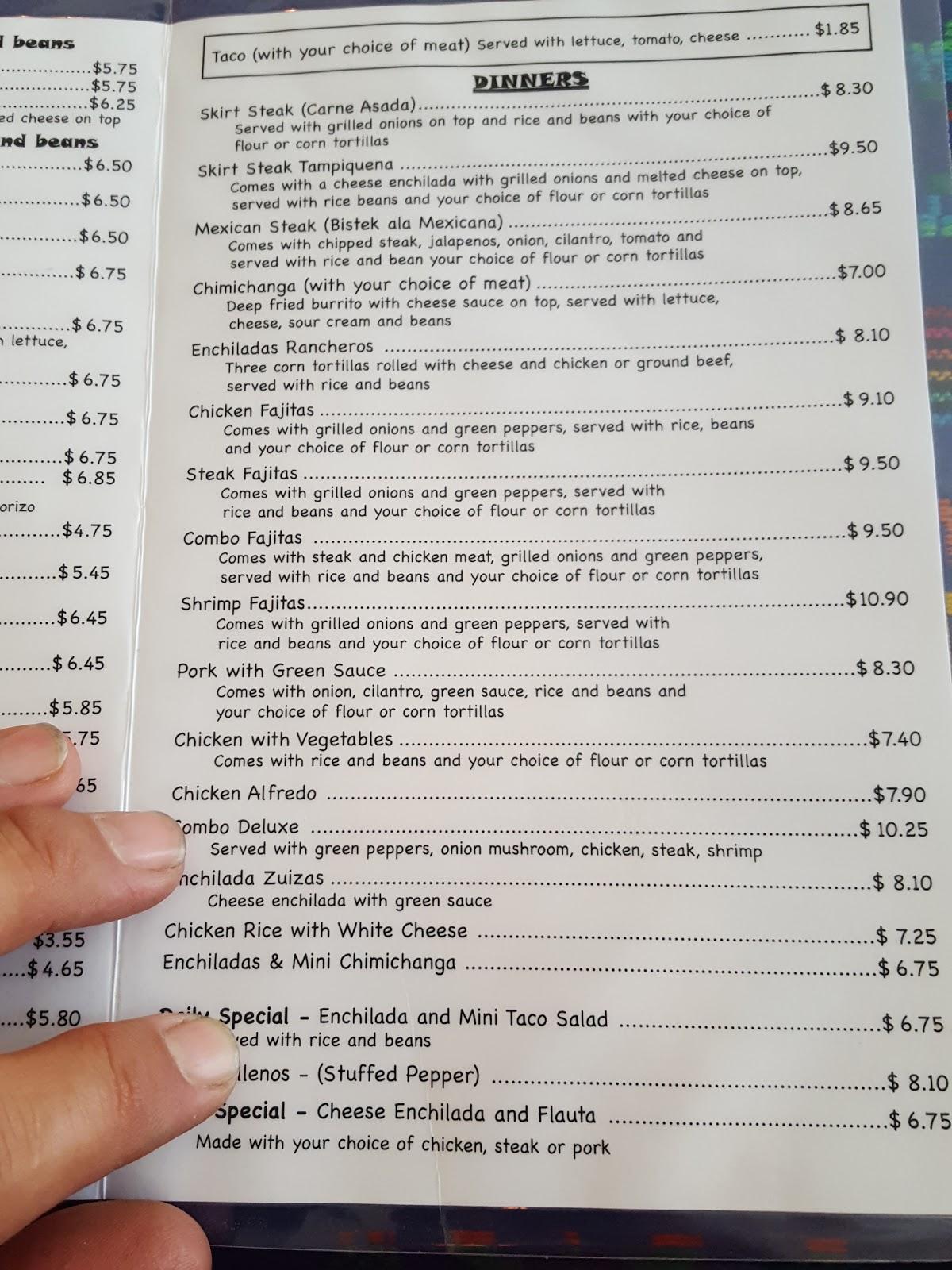Menu at Original Taco restaurant, Morrison