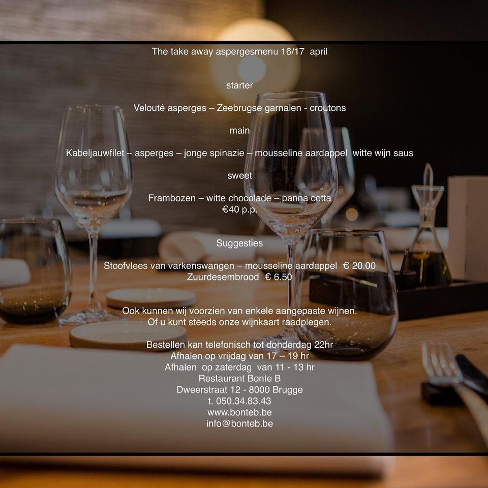 Speisekarte von Restaurant Bonte B, Brugge, Dweersstraat 12