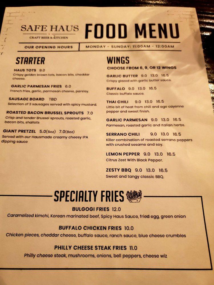 Menu at Safe Haus Craft Beer & Kitchen restaurant, Moreno Valley