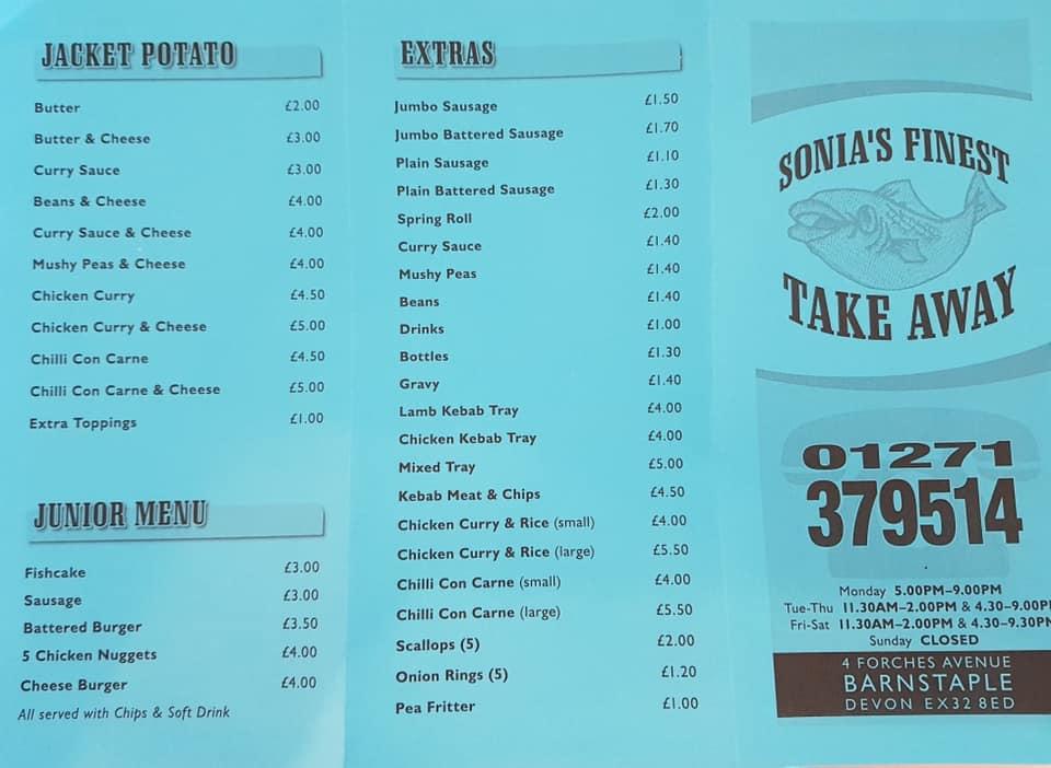 Menu at Sonias fast food, Barnstaple