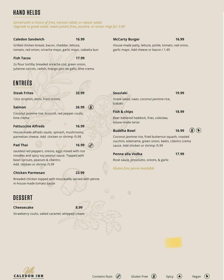 Menu at Villa Caledon Inn restaurant, Caledon