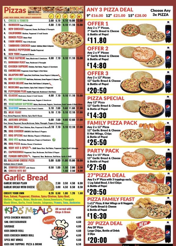 Menu at Artemis fast food, Stanford-le-Hope