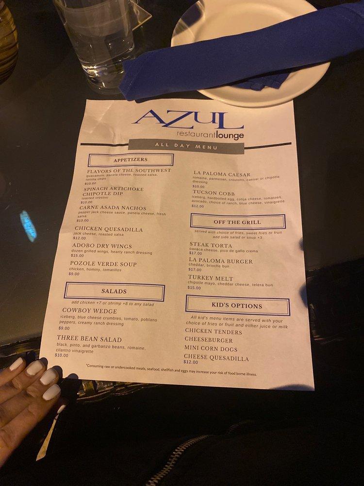 Menu at Azul Restaurant and Lounge, Tucson