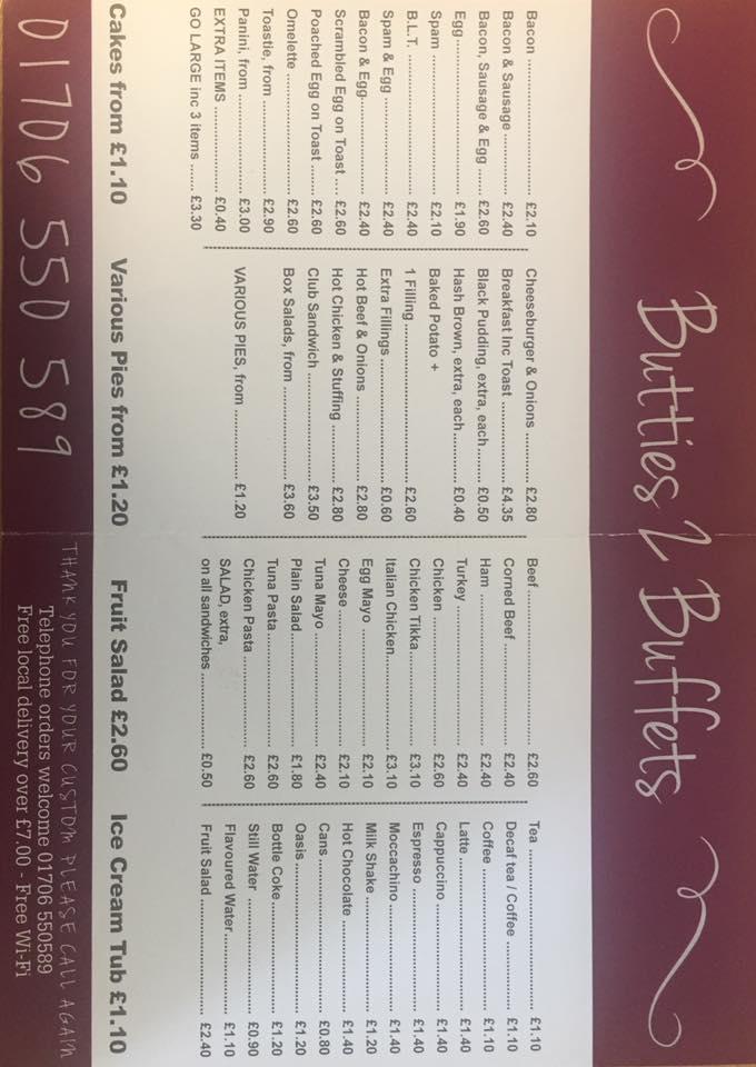Menu at Butties 2 Buffets, Haslingden